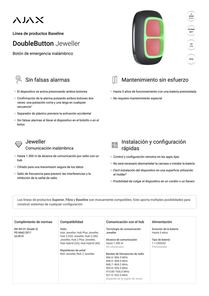 Ajax DoubleButton - Ficha Técnica Ajax | IBD Global España mayorista CCTV y distribuidor oficial ...