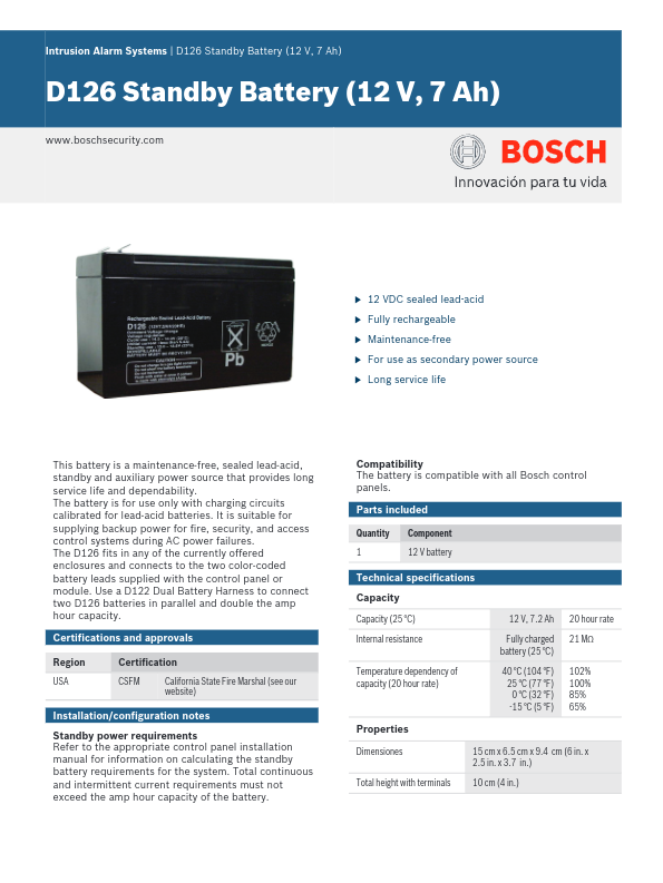 D126 - Ficha Técnica Bosch | IBD Global España mayorista CCTV y distribuidor oficial Dahua España.