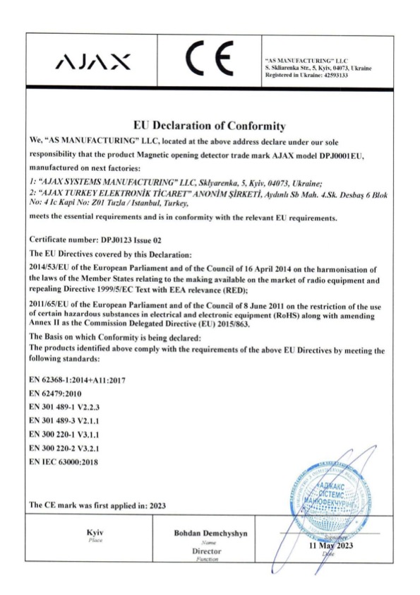 Ajax DoorProtect Jeweller - Certificado CE | IBD Global España ...