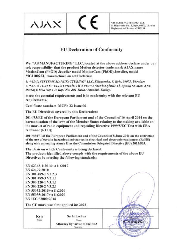 Ajax MotionCam HDR (PhOD) Jeweller - Certificado CE | IBD Global España ...