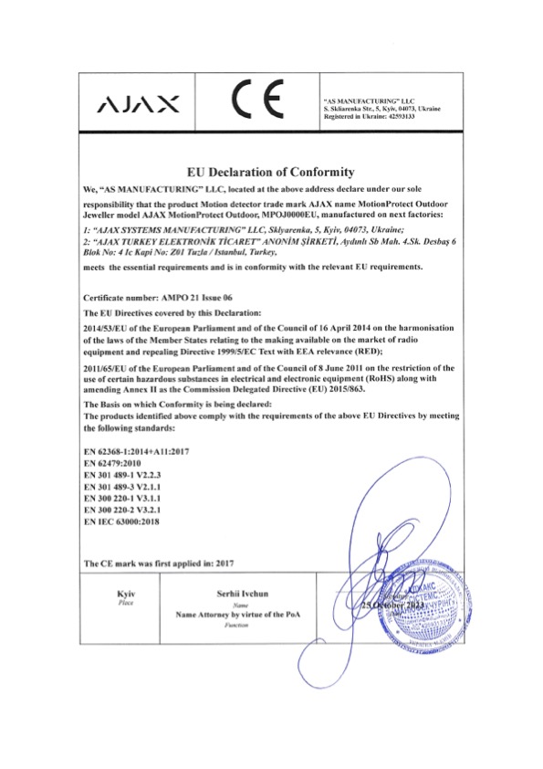Ajax MotionProtect Outdoor Jeweller - Certificado CE | IBD Global ...